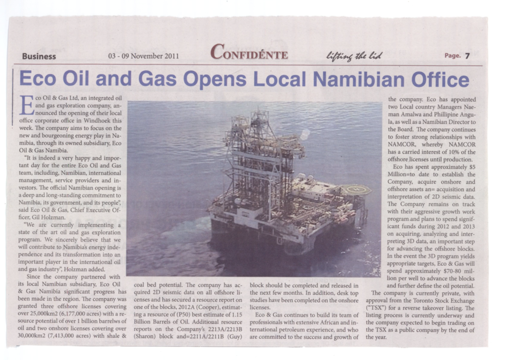Eco Oil and Gas Opens Local Namibian Office - Eco (Atlantic) Oil & Gas Plc